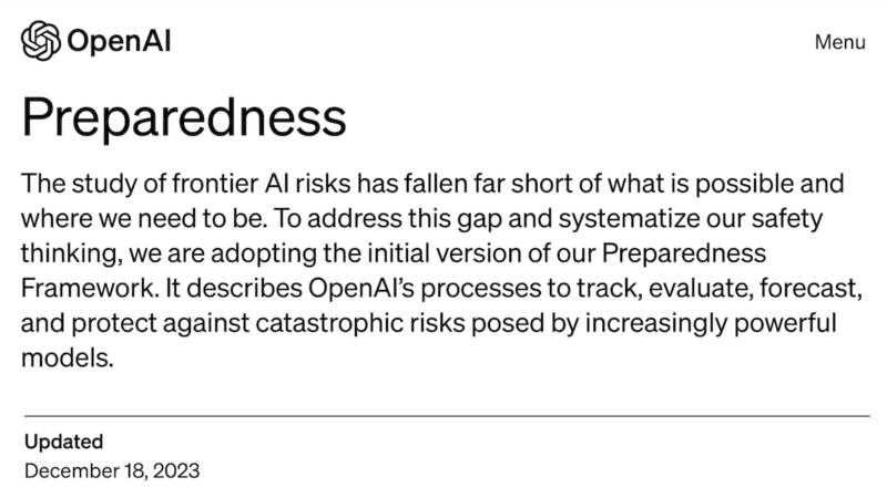 OpenAI. Preparedness. The Preparedness team is dedicated to making frontier AI models safe. 18 ...
